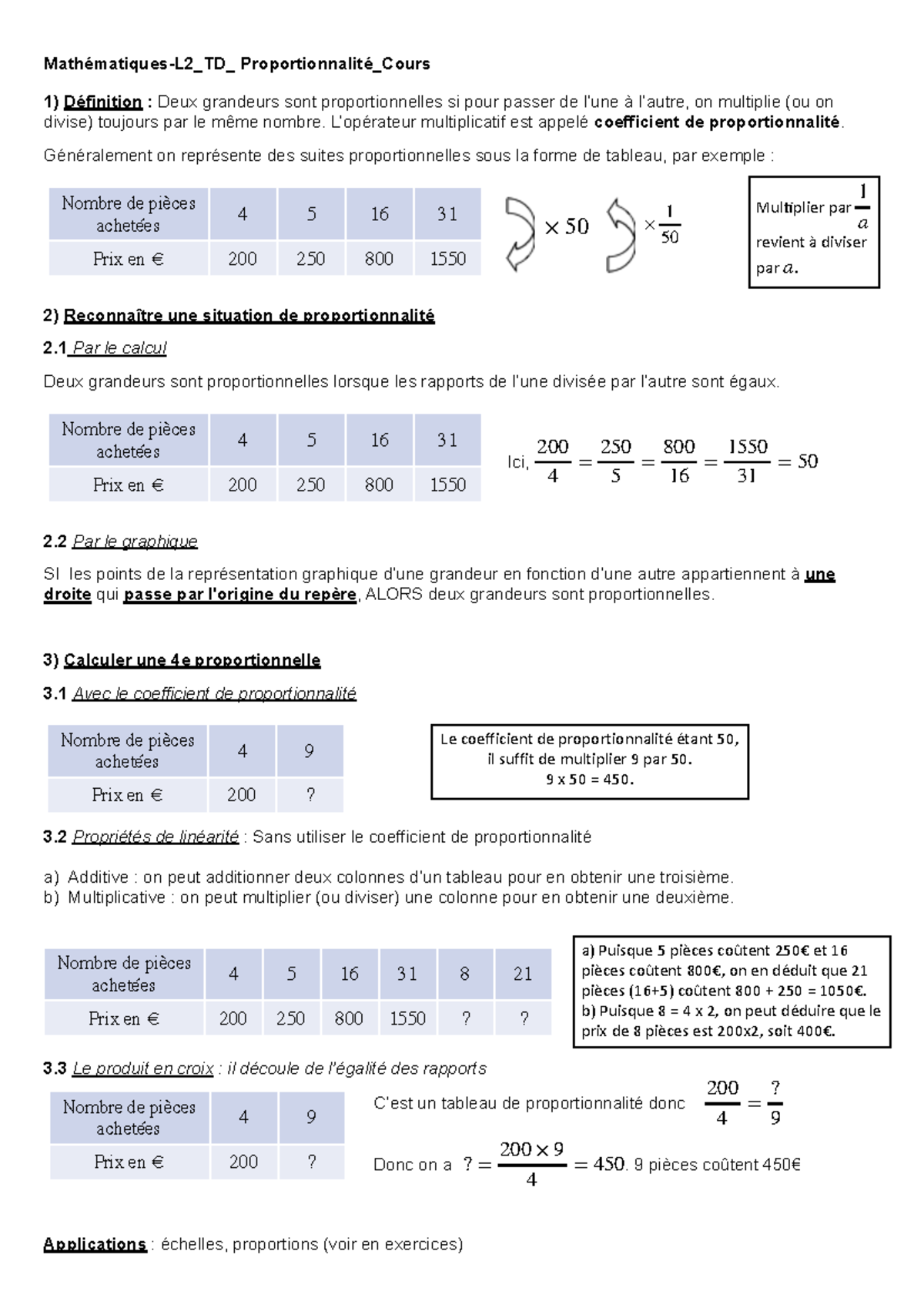 Cours proportionnalité - Mathématiques-L2_TD_ Proportionnalité_Cours 1) Définition : Deux ...