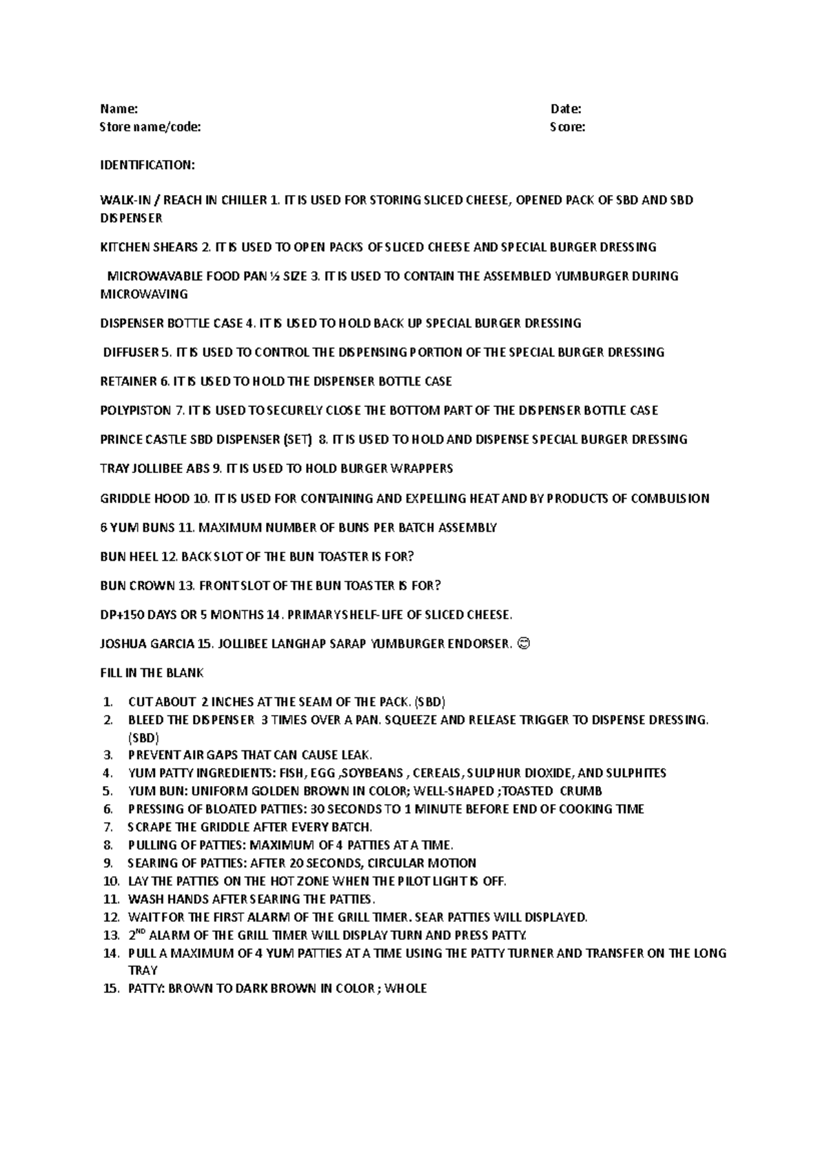 Answer key yum exam - hehe - Name: Date: Store name/code: Score ...
