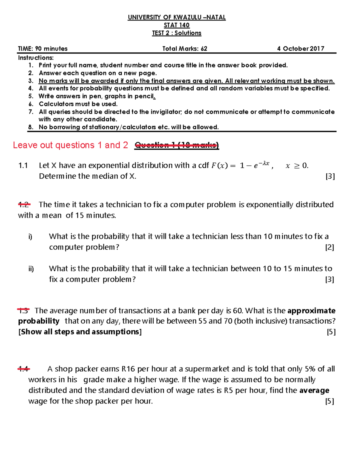 STAT140 Test 2 Questions - UNIVERSITY OF KWAZULU – NATAL STAT 140 TEST ...