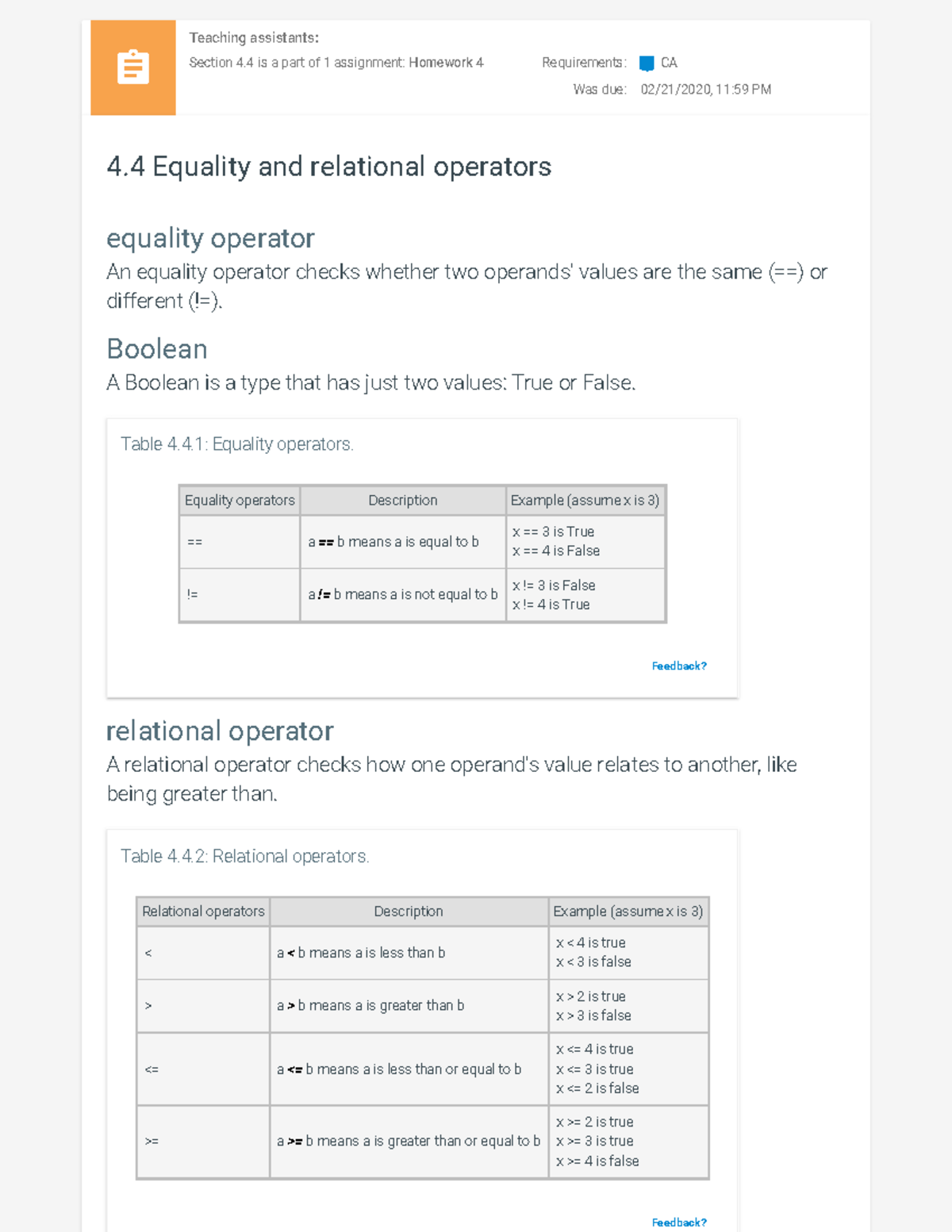 4.4. Equality and relational operators - Teaching assistants: Section 4 is a part of 1 ...