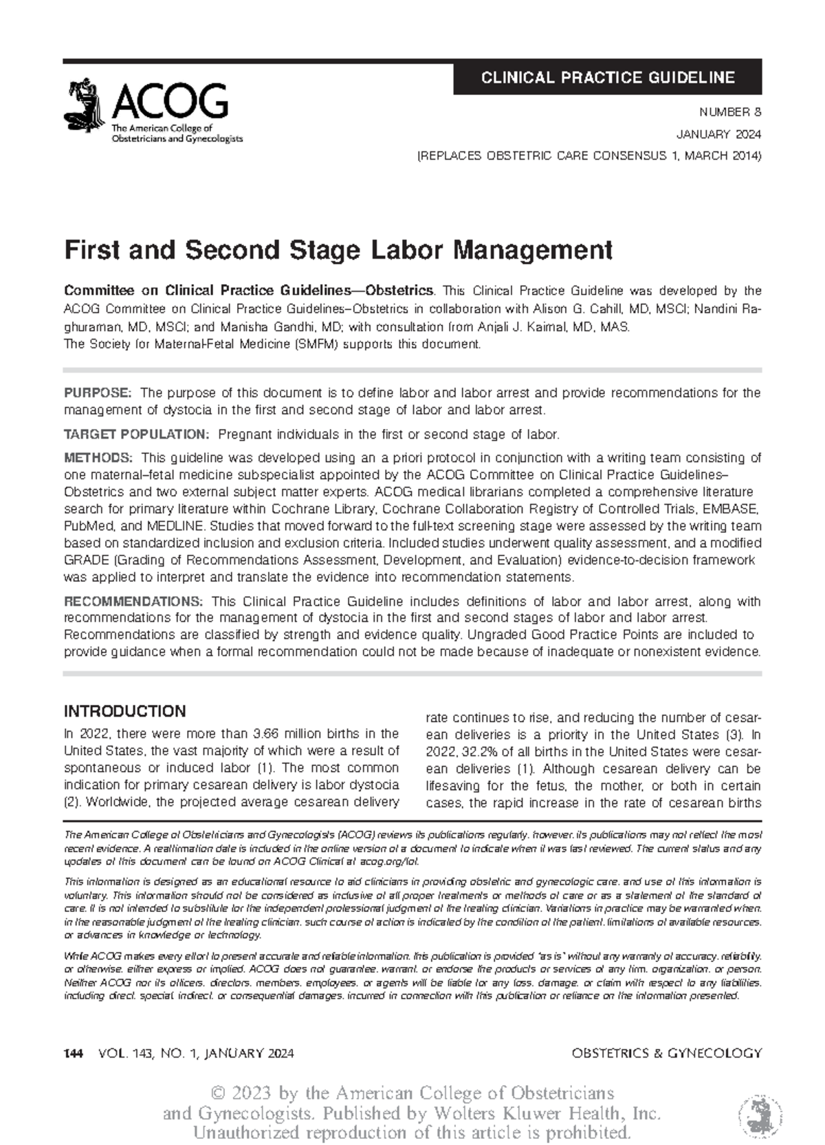 First and Second Stage Labor Management ACOG Clinical Practice ...