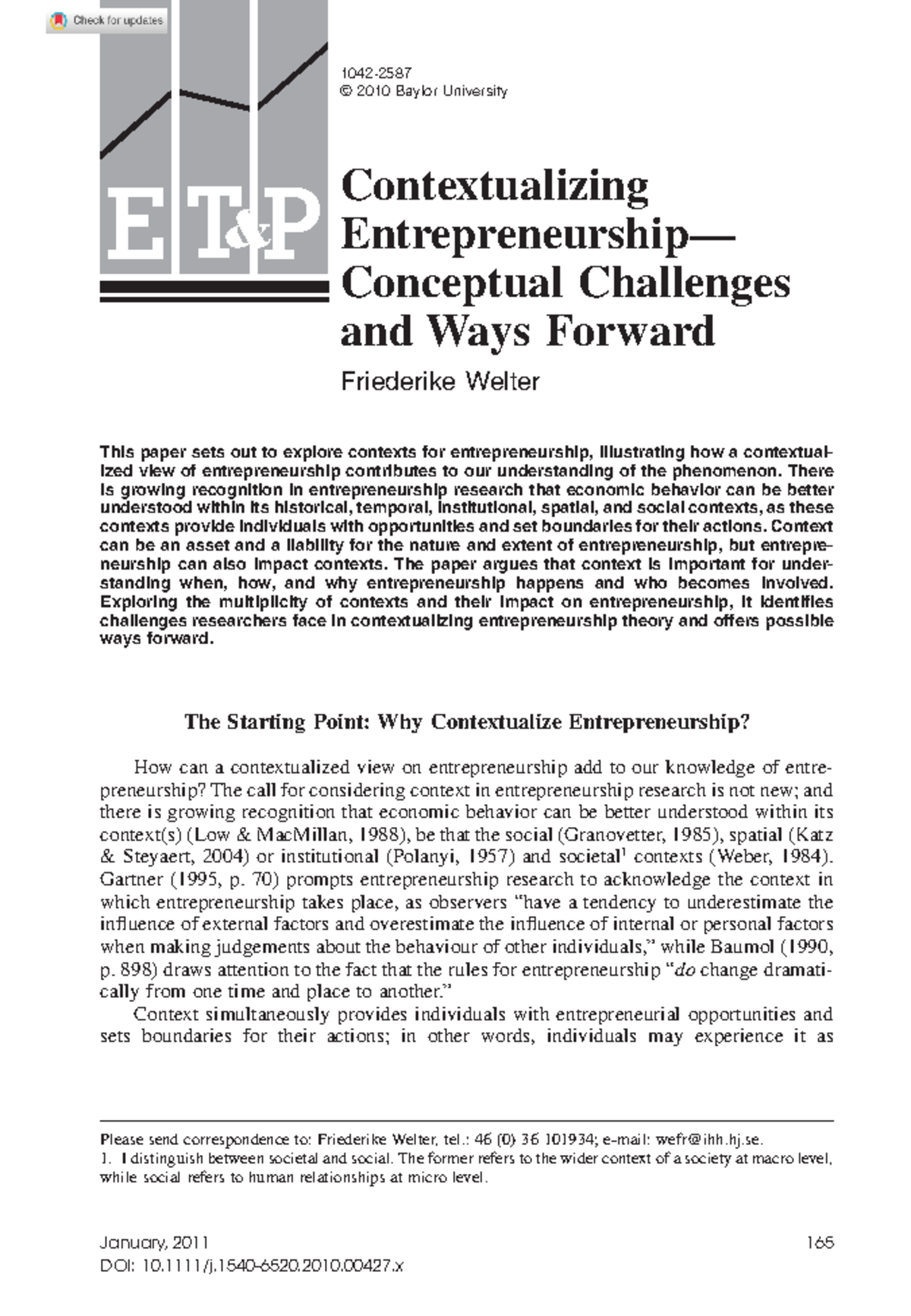 Welter 2011 contextualizing entrepreneurship conceptual challenges and ...