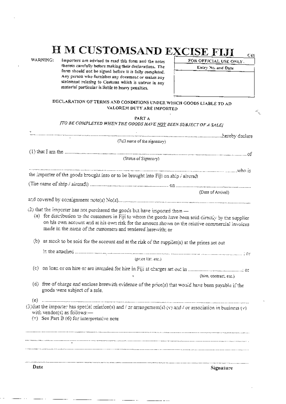 C45 PART A ( Personal Import) - H M CUSTOMSAND EXCISE FIJI C45 WARNING ...