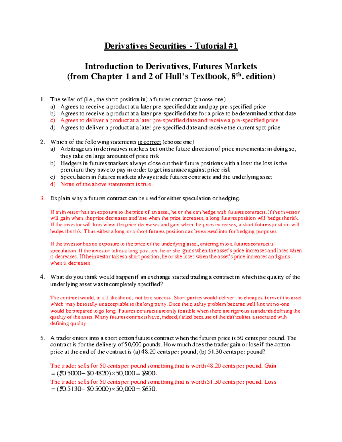 Tutorial 1 Answers - Derivatives Securities - Tutorial Introduction to ...