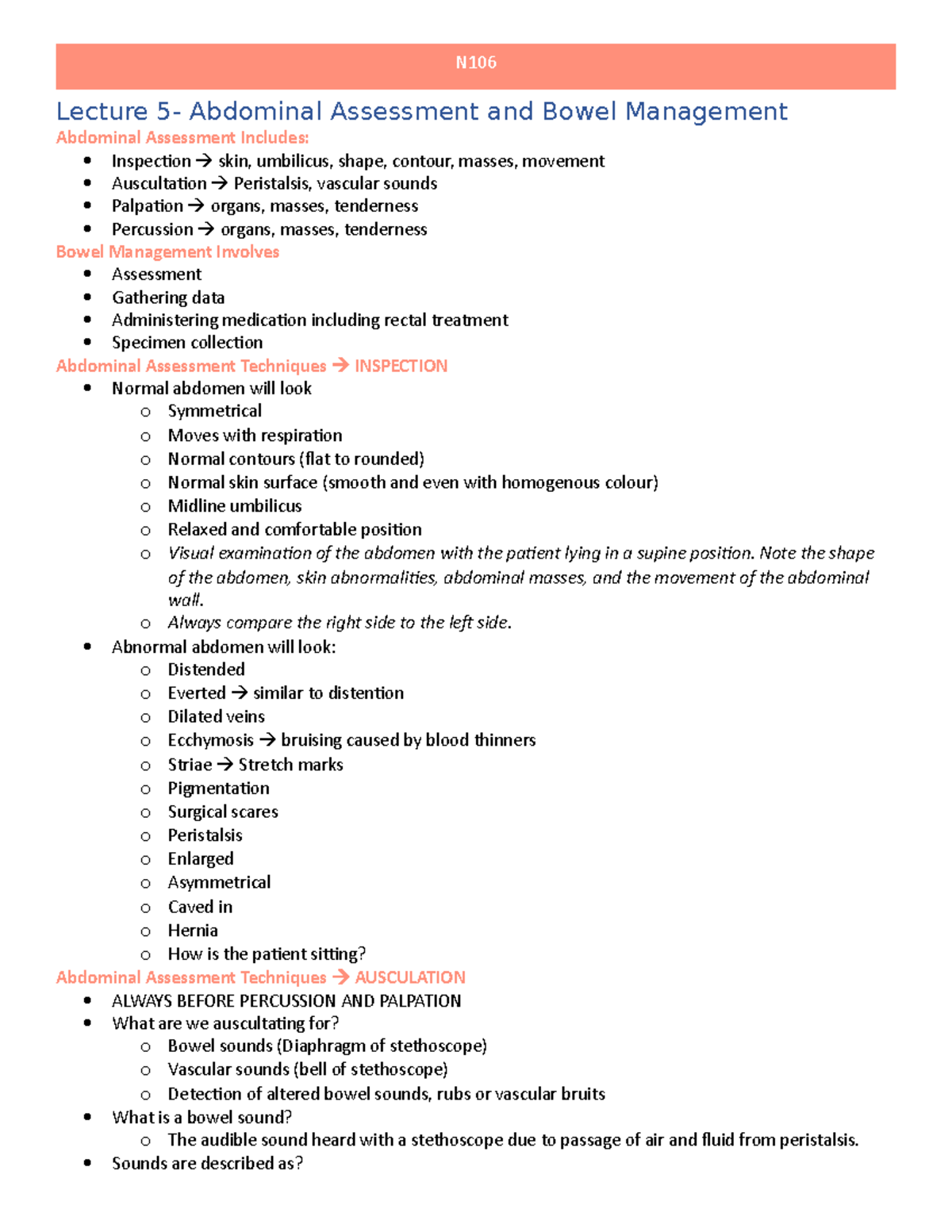 Abdominal Assessment - Note the shape of the abdomen, skin ...