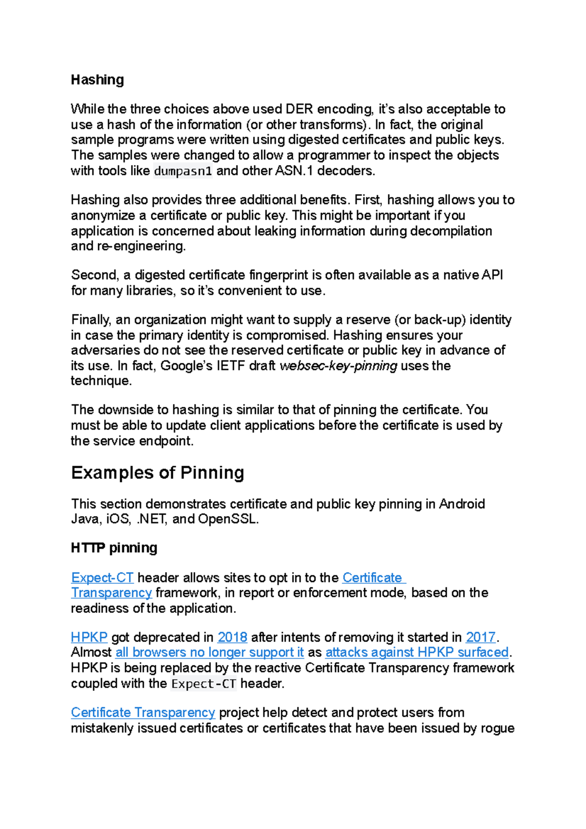 Hashing - Examples of key Pinning - HTTP pinning - Hashing While the ...