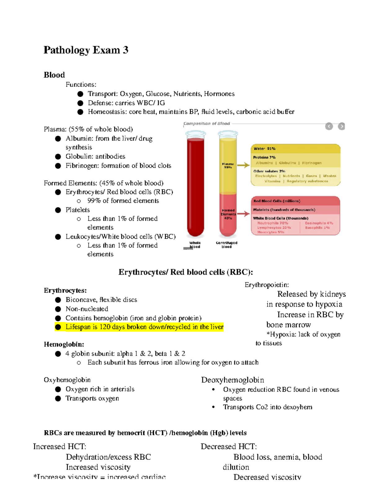 Path exam 3 - Lecture notes exam 3 - Pathology Exam 3 Blood Functions ...