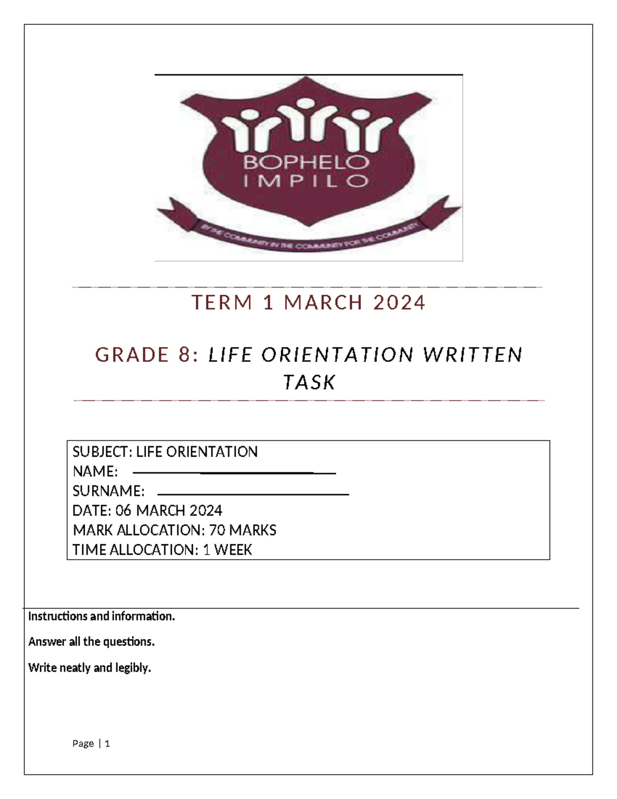 Life orientation (1) - G8 Cover PAGE 2 - T E R M 1 M A R C H 2 0 2 4 G ...