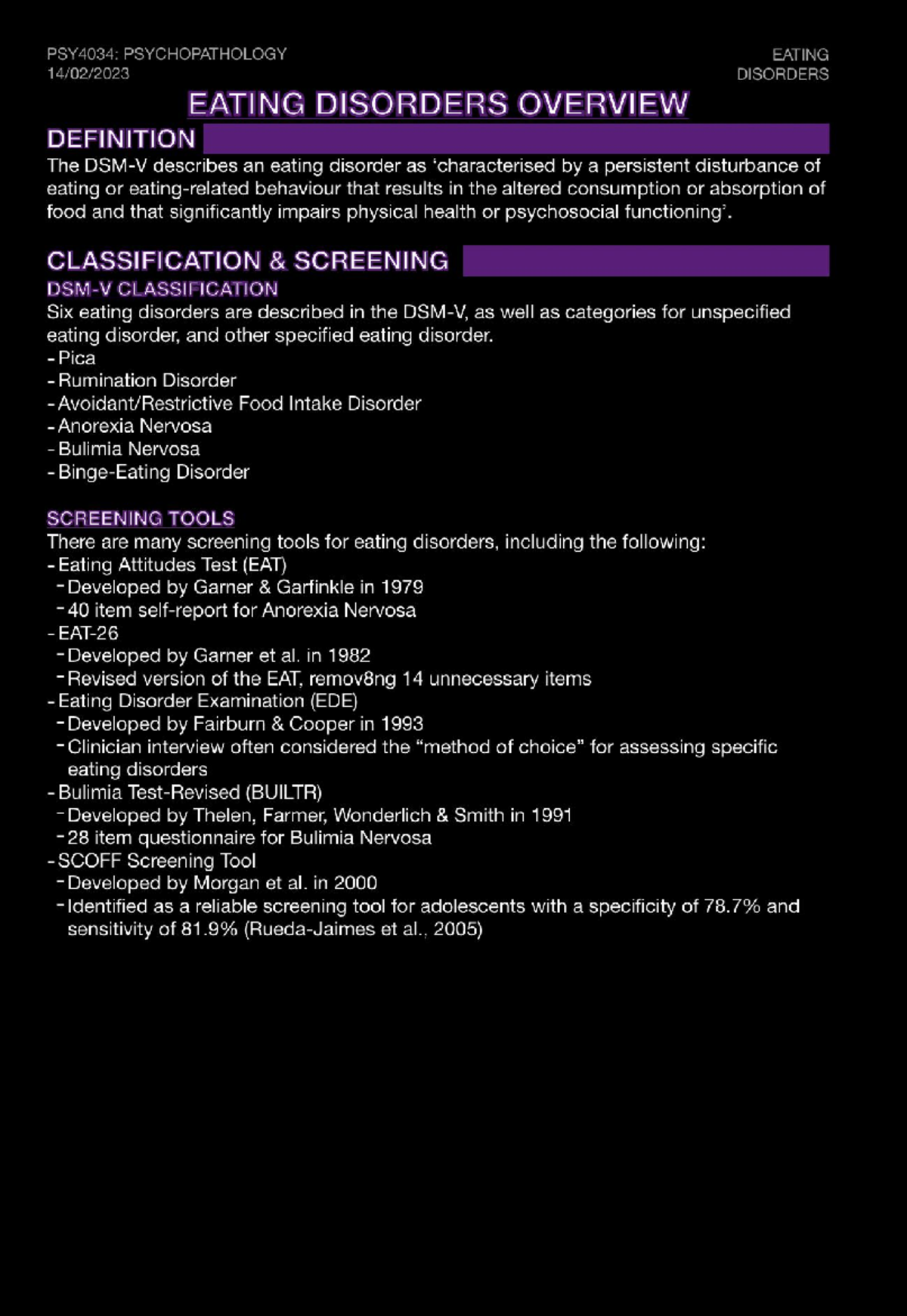 Psychopathology: Eating Disorders Screening and Classification Overview ...