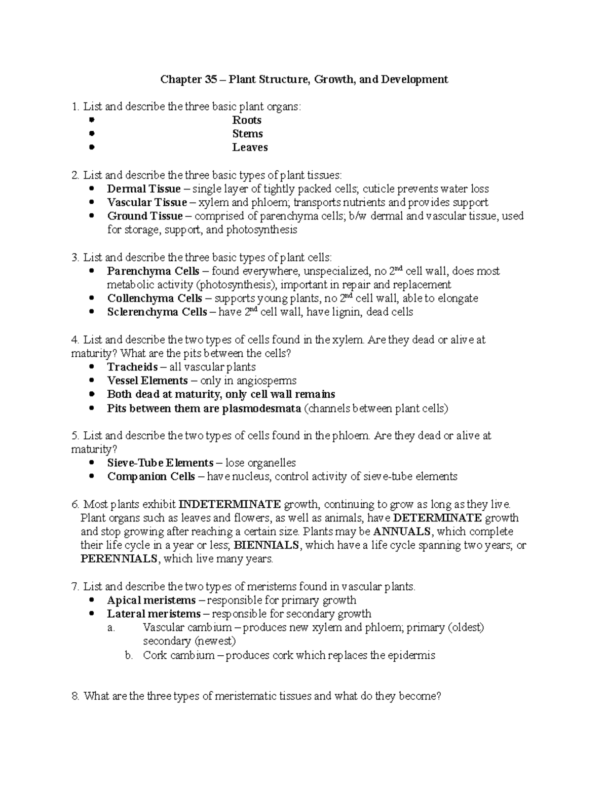 Plant Worksheet Answers - Chapter 35 – Plant Structure, Growth, and ...