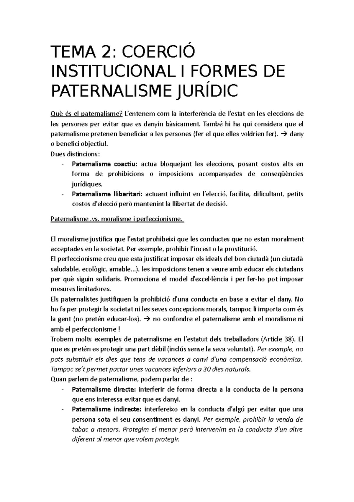 2 - Resum - TEMA 2: COERCIÓ INSTITUCIONAL I FORMES DE PATERNALISME ...