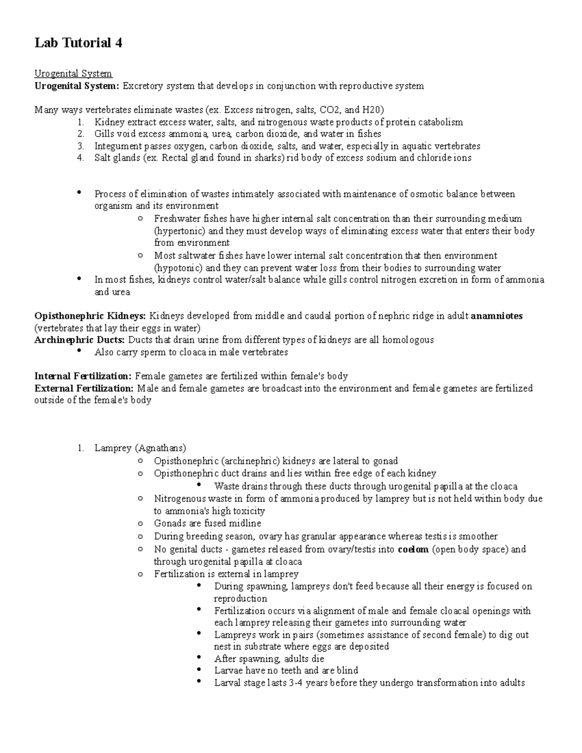 Lab Tutorial 4 - ZOO 2090 - Lab Tutorial 4 Urogenital System Urogenital System: - Studocu