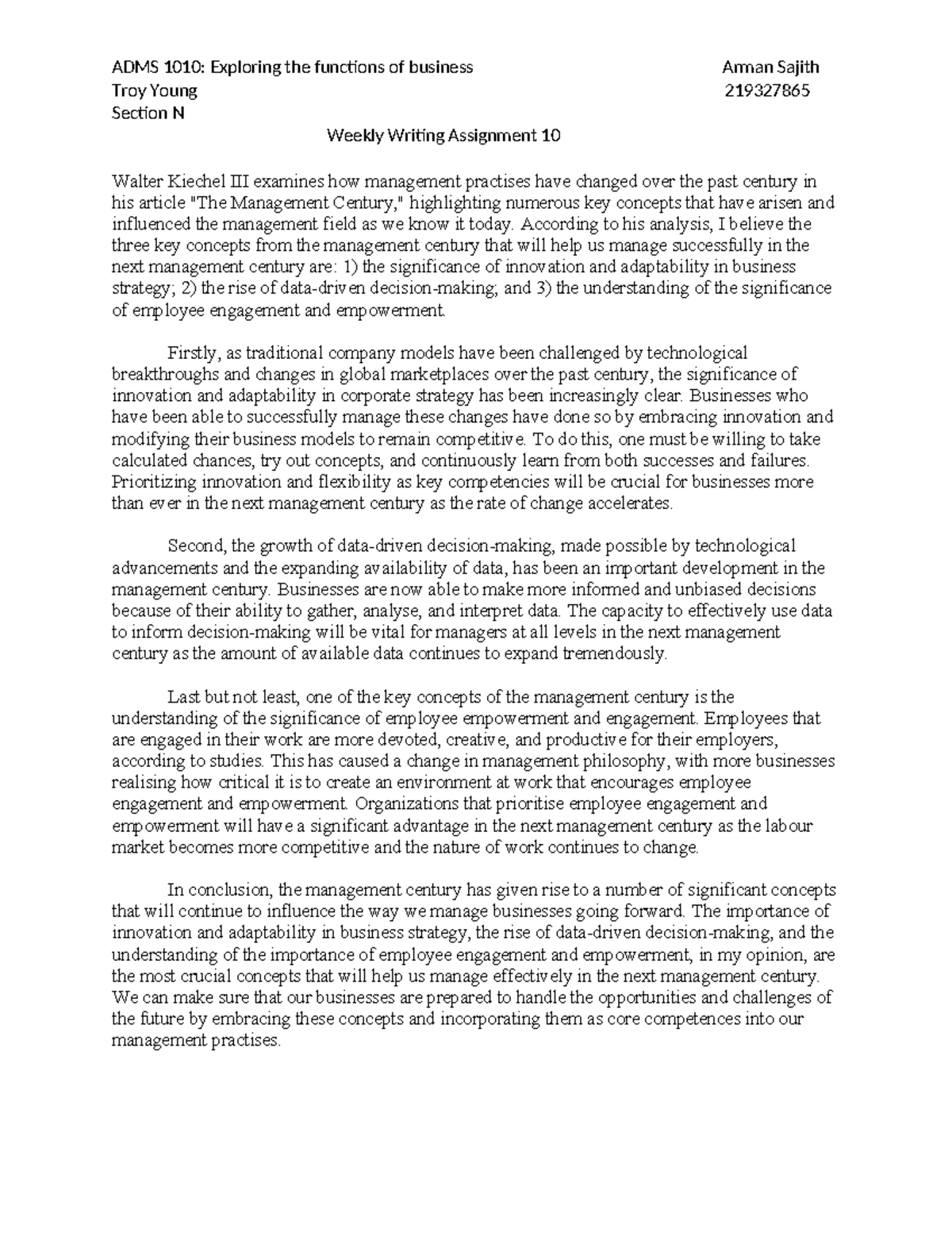 ADMS 1010 Weekly writing assignment 10 - ADMS 1010: Exploring the functions of business Arman ...