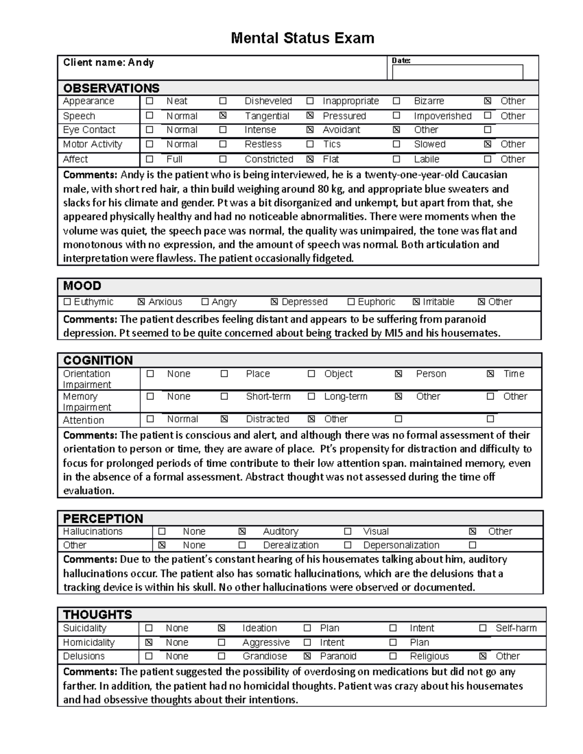 MSE form Andy - mse for andy - Mental Status Exam Client name: Andy ...