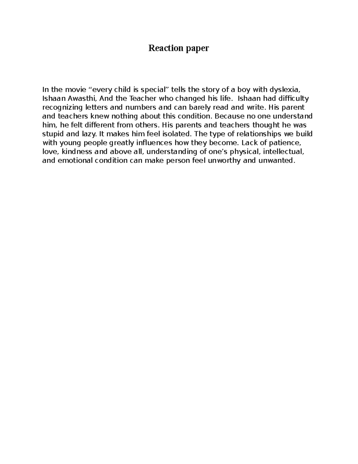 ~WRA0000 - Reaction paper In the movie “every child is special” tells ...