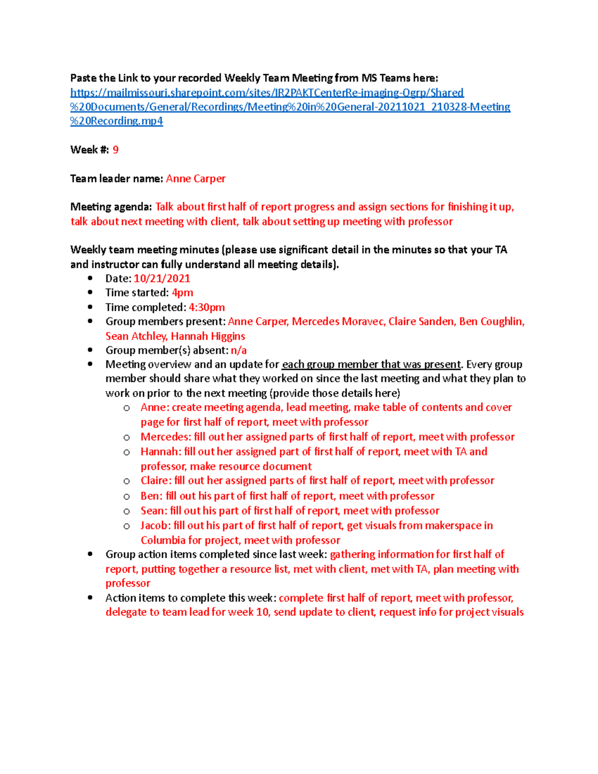 BA3500 Team Leader Worksheet 9 - Paste the Link to your recorded Weekly ...