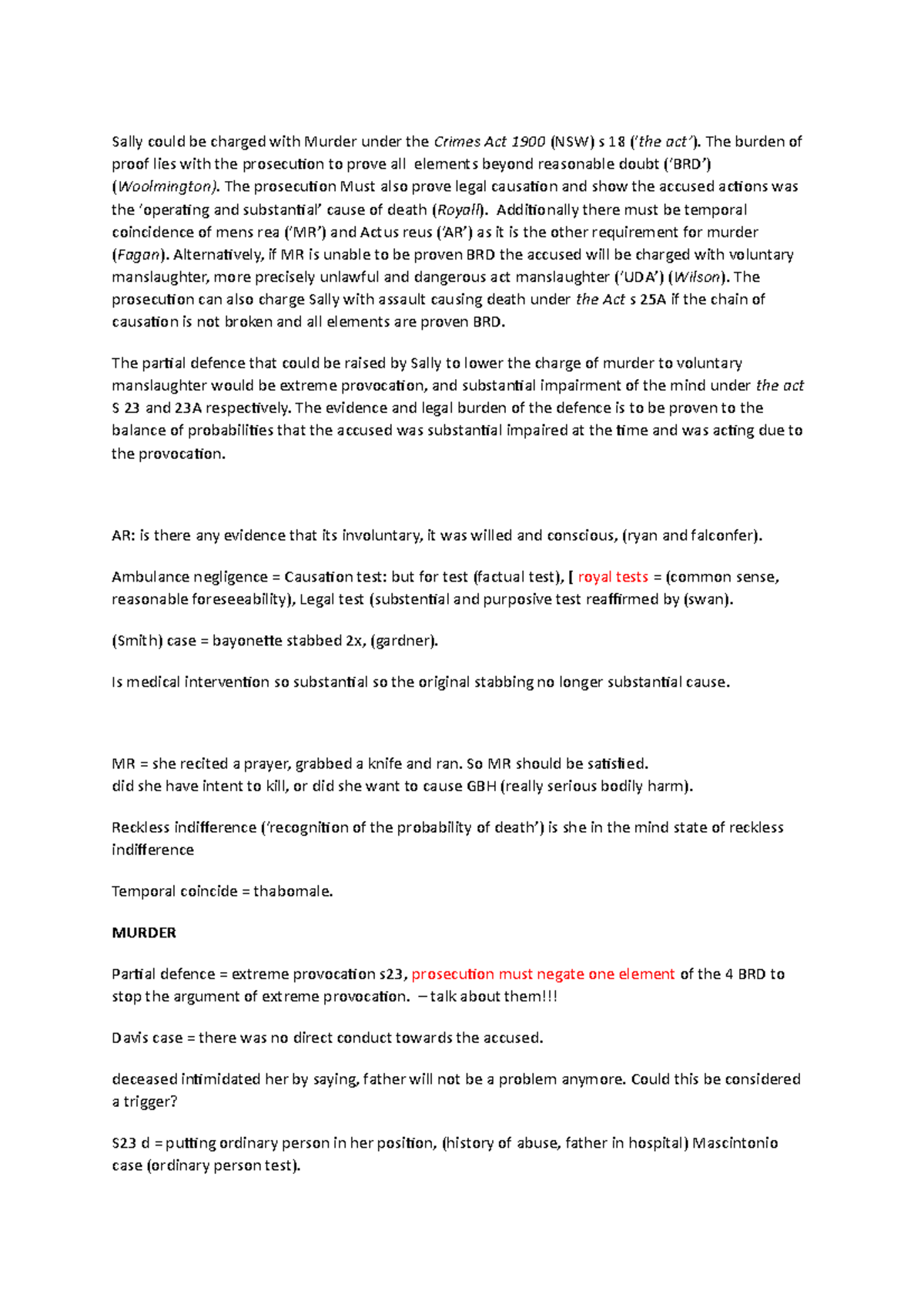 Murder notes and some cases - Sally could be charged with Murder under ...