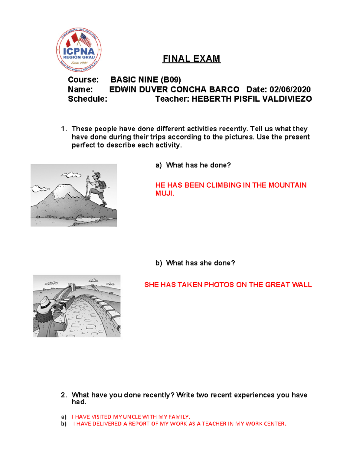 Scribd - PRUEBAS - FINAL EXAM Course: BASIC NINE (B09) Name: EDWIN DUVER CONCHA BARCO Date: 02 ...