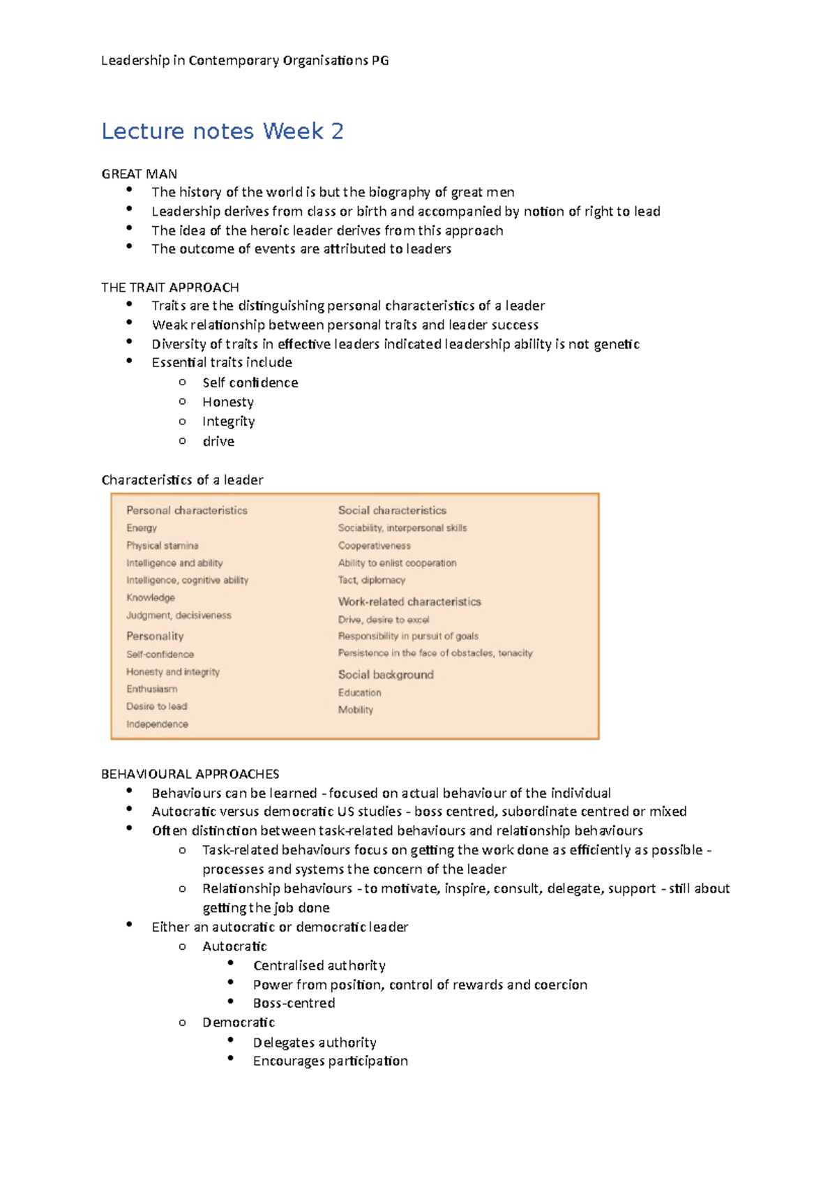 Lecture notes Week 2 - Leadership styles - Lecture notes Week 2 GREAT ...
