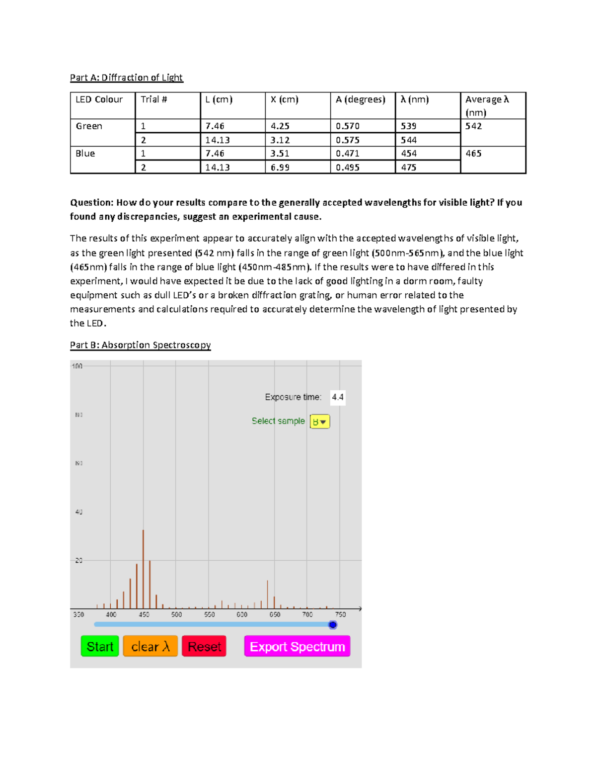 PHYS 1070 Lab 3 - Physics lab - Part A: Diffraction of Light LED Colour Trial # L (cm) X (cm) Α ...