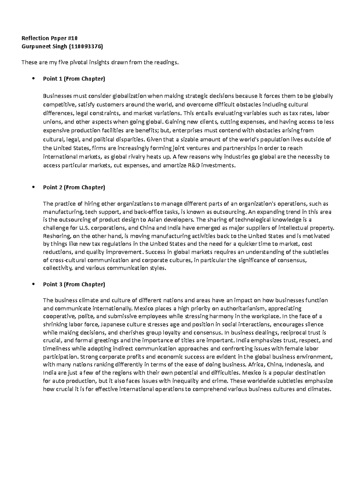 Reflection paper 10 - Reflection Paper # Gurpuneet Singh (110093376 ...