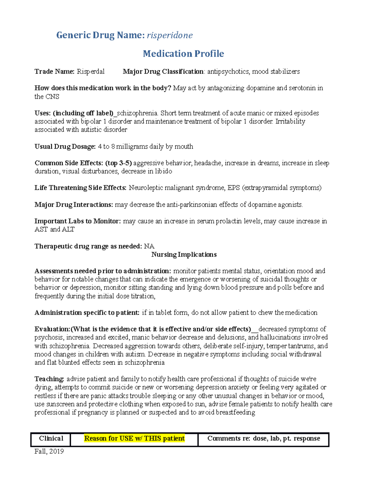 Medication Profile sheet- Risperidone - Generic Drug Name: risperidone ...