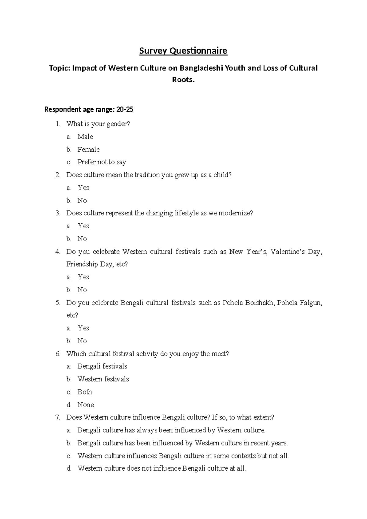 Survey Q final copy - Survey Questionnaire Topic: Impact of Western ...