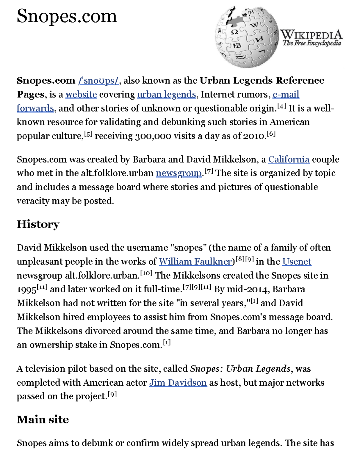 Required Article Wikipedia Snopes - Snopes Snopes /ˈsnoʊps/, also known ...