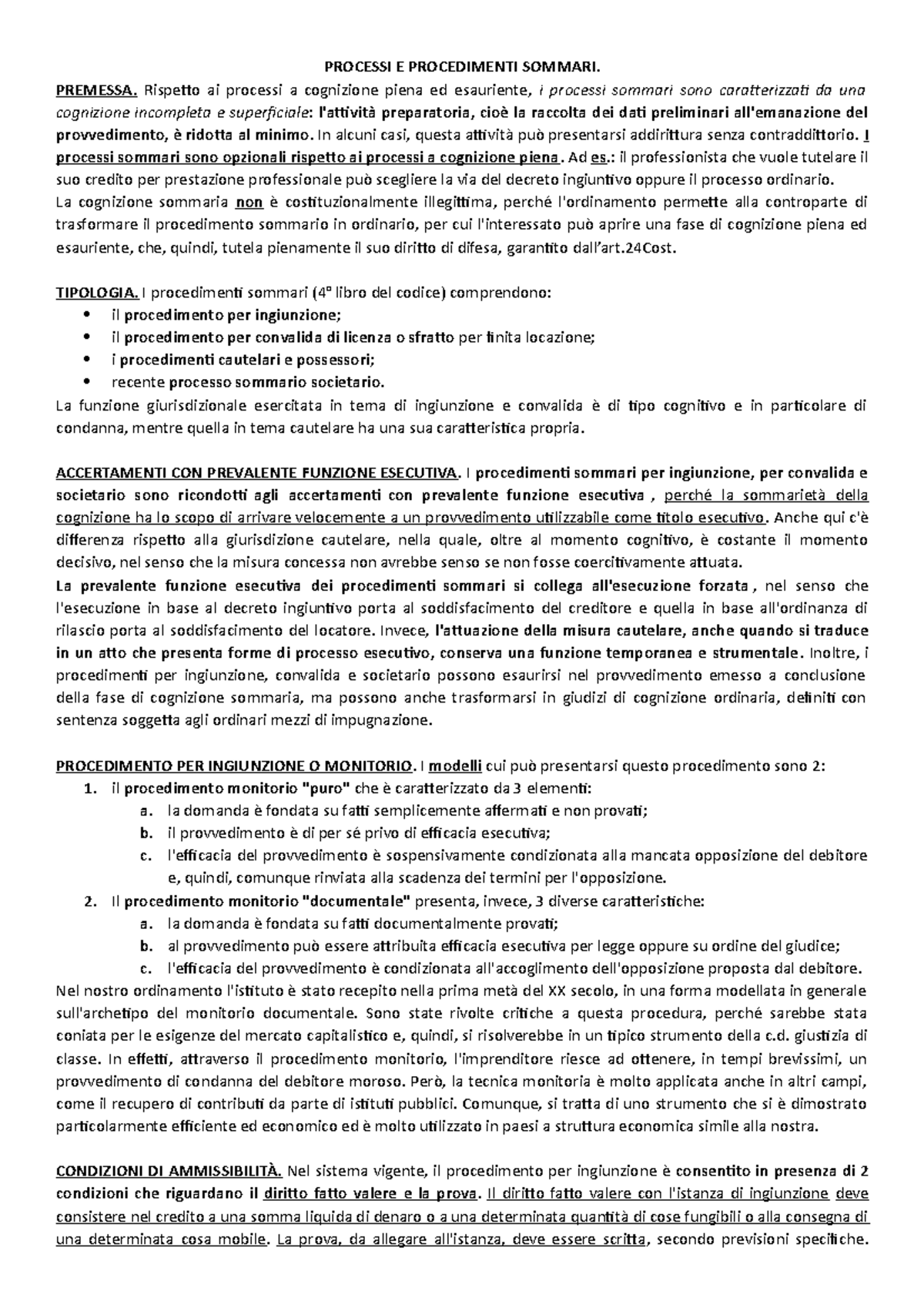 Procedimenti Sommari - PROCESSI E PROCEDIMENTI SOMMARI. PREMESSA ...