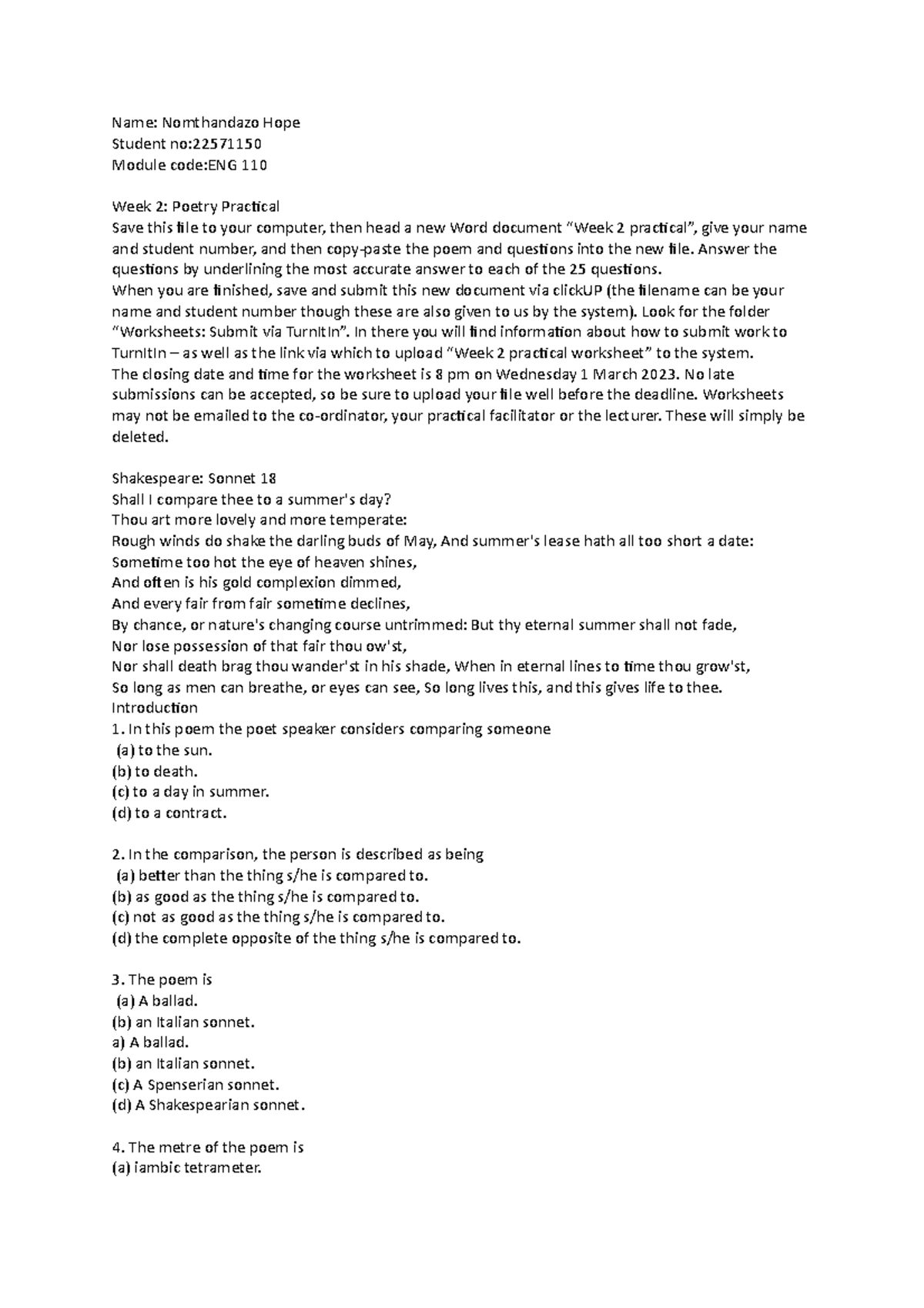 ENG worksheet week2 - Notes - Name: Nomthandazo Hope Student no: Module ...