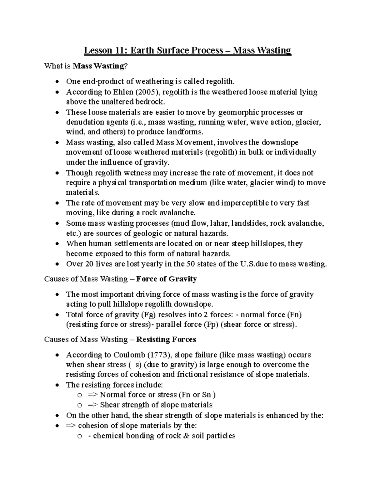 geo lesson 11-15 - Lesson 11: Earth Surface Process – Mass Wasting What ...