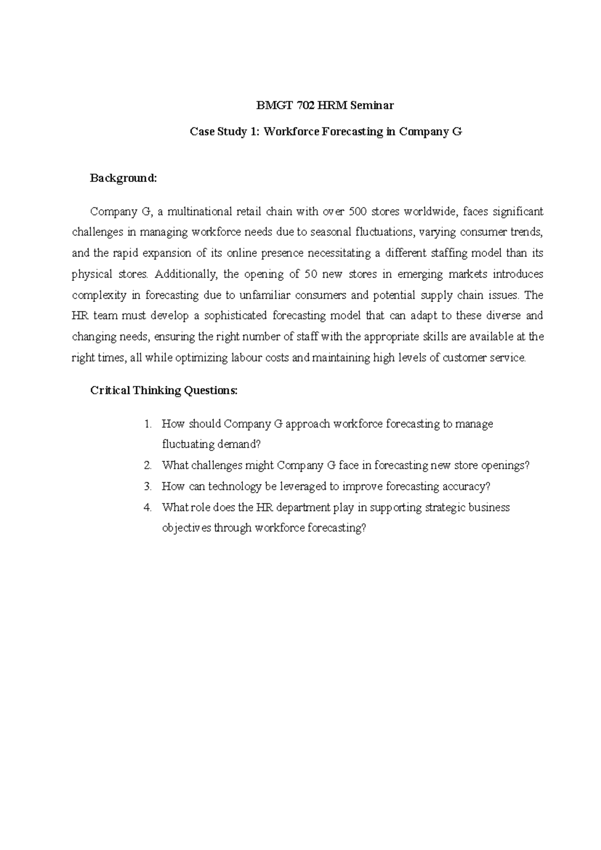 BMGT 702 HRM Case Studies HRP - BMGT 702 HRM Seminar Case Study 1 ...