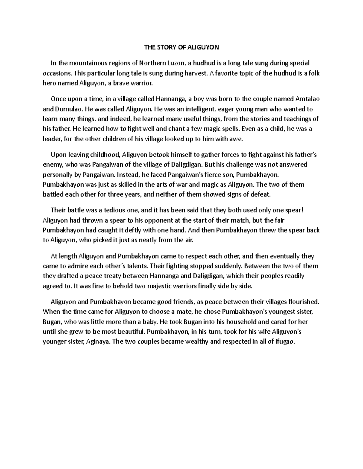 THE Story OF Aliguyon COPY - THE STORY OF ALIGUYON In the mountainous ...