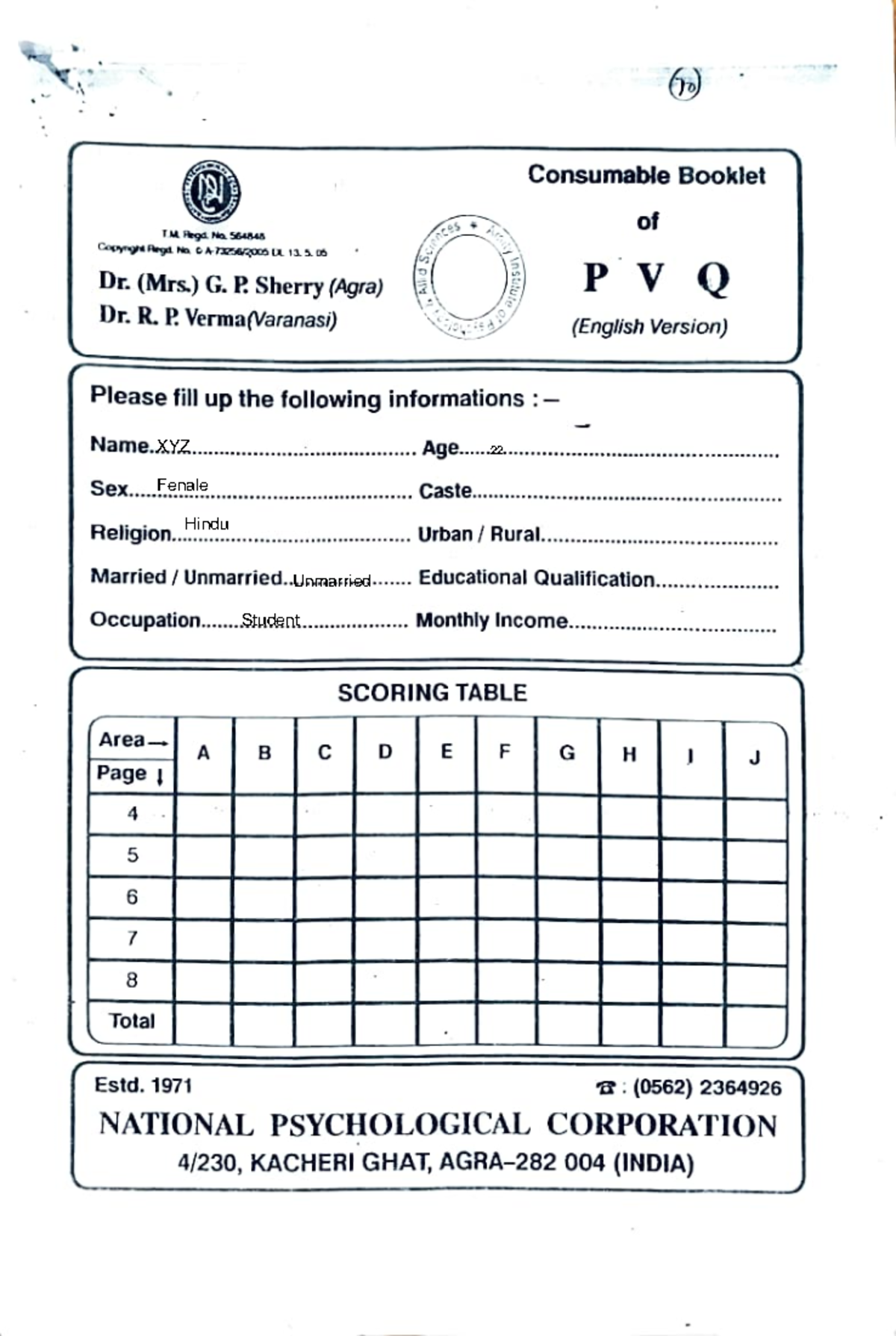 PVQ questionnaire - Cogyng Aegd No AOCS UL 115 06 Dr. (Mrs) G. P ...