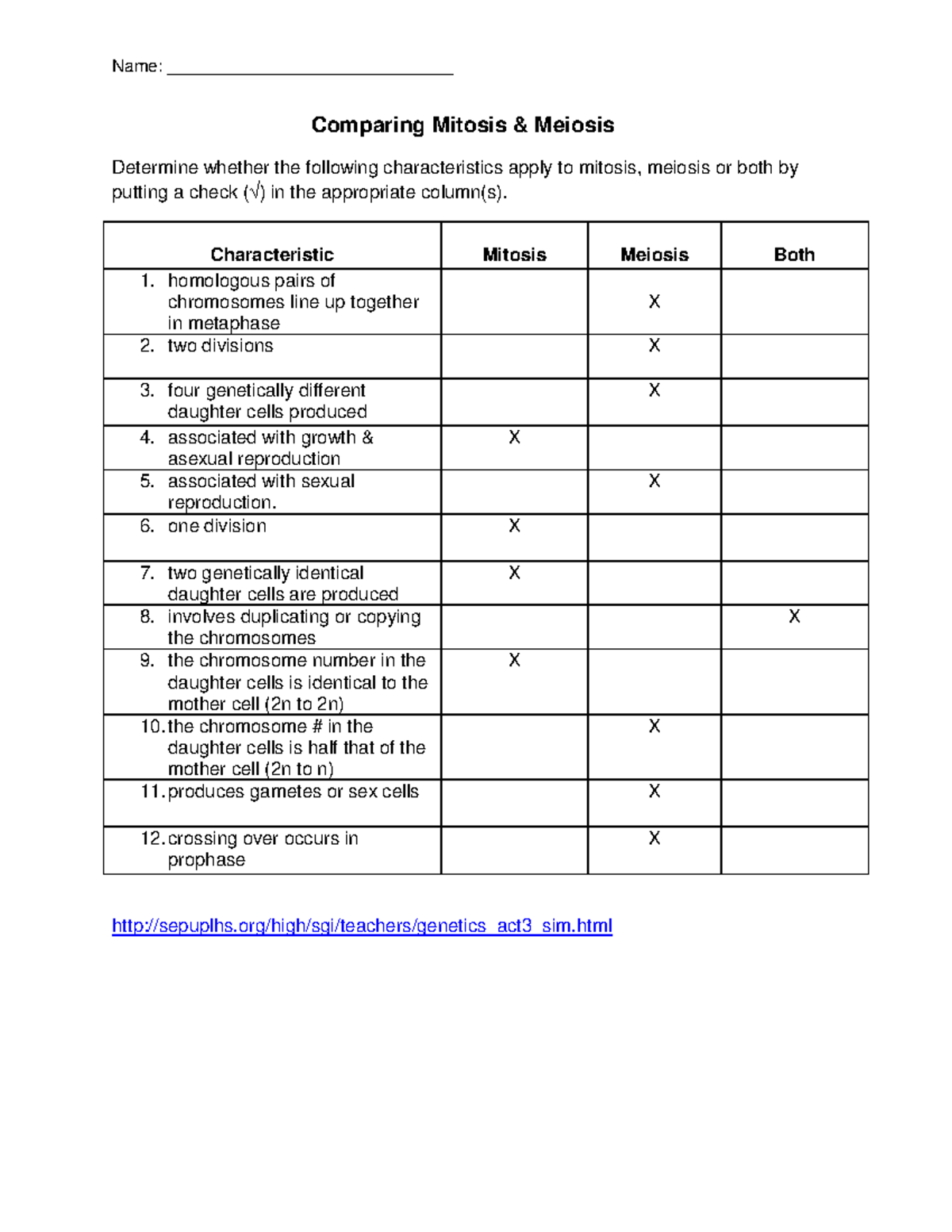 Comparing Mitosis and Meiosis.KEY - Name ...