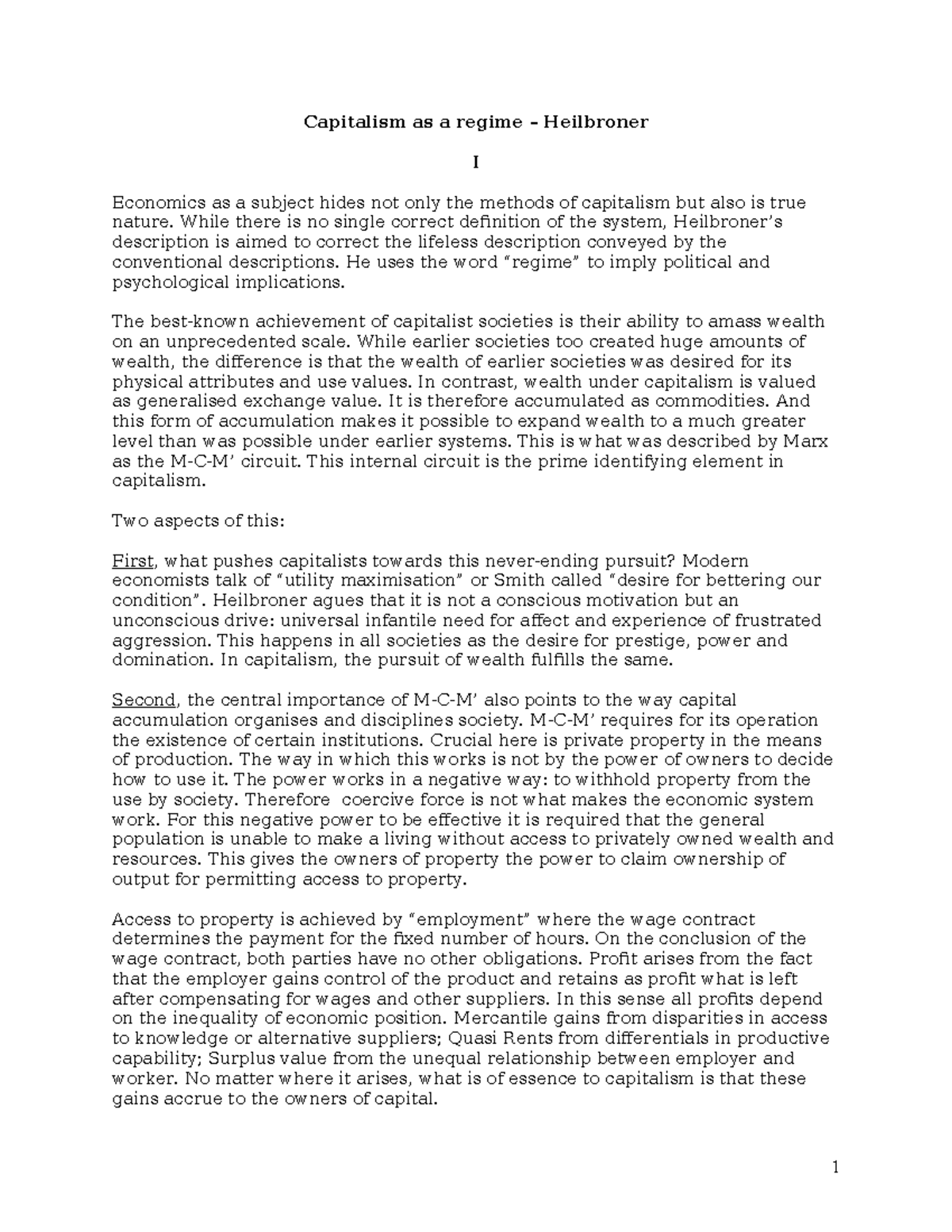 Capitalism as a regime - Summary Political Ecnomics - Capitalism as a ...