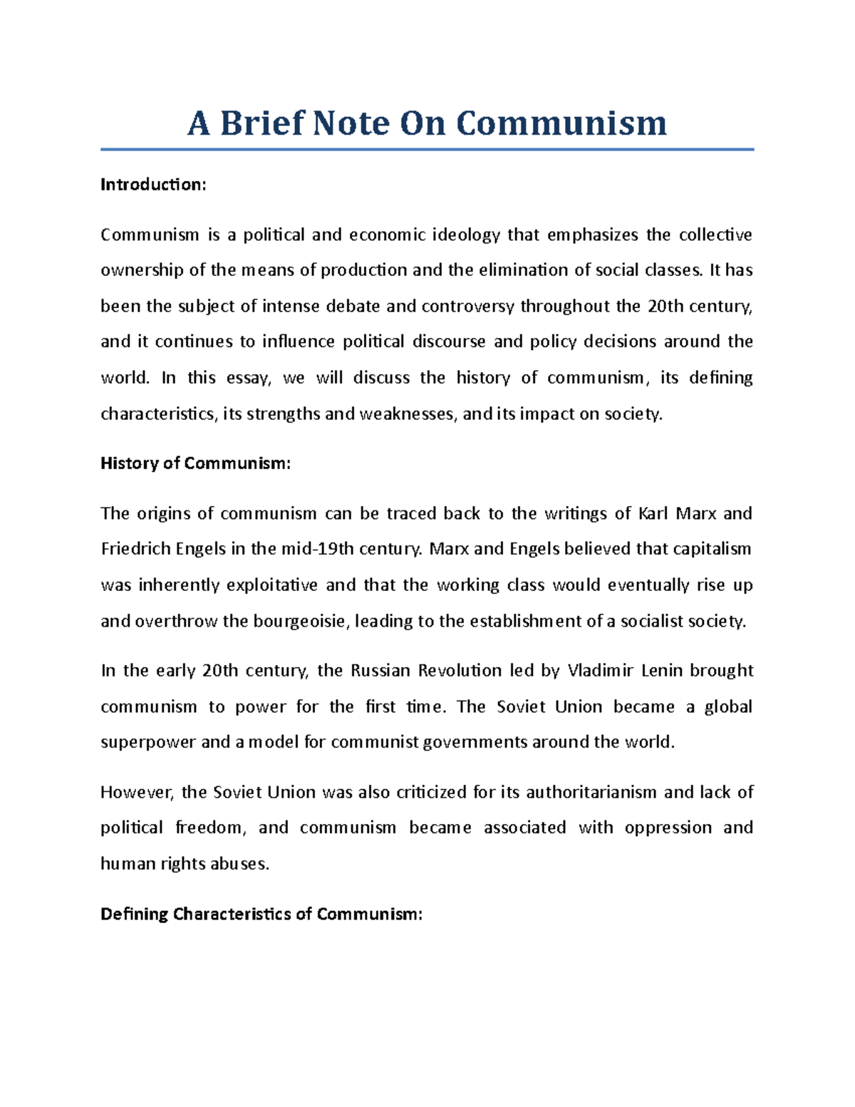 A Brief Note On Communism - A Brief Note On Communism Introduction ...