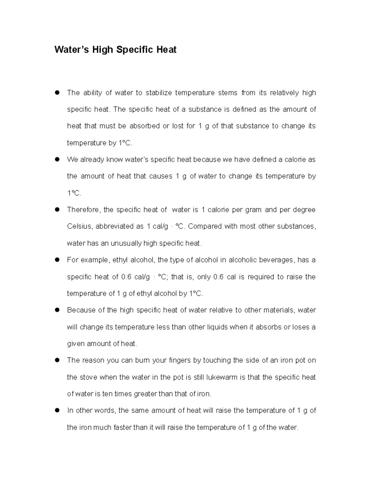 Water’s High Specific Heat - Water’s High Specific Heat The ability of ...