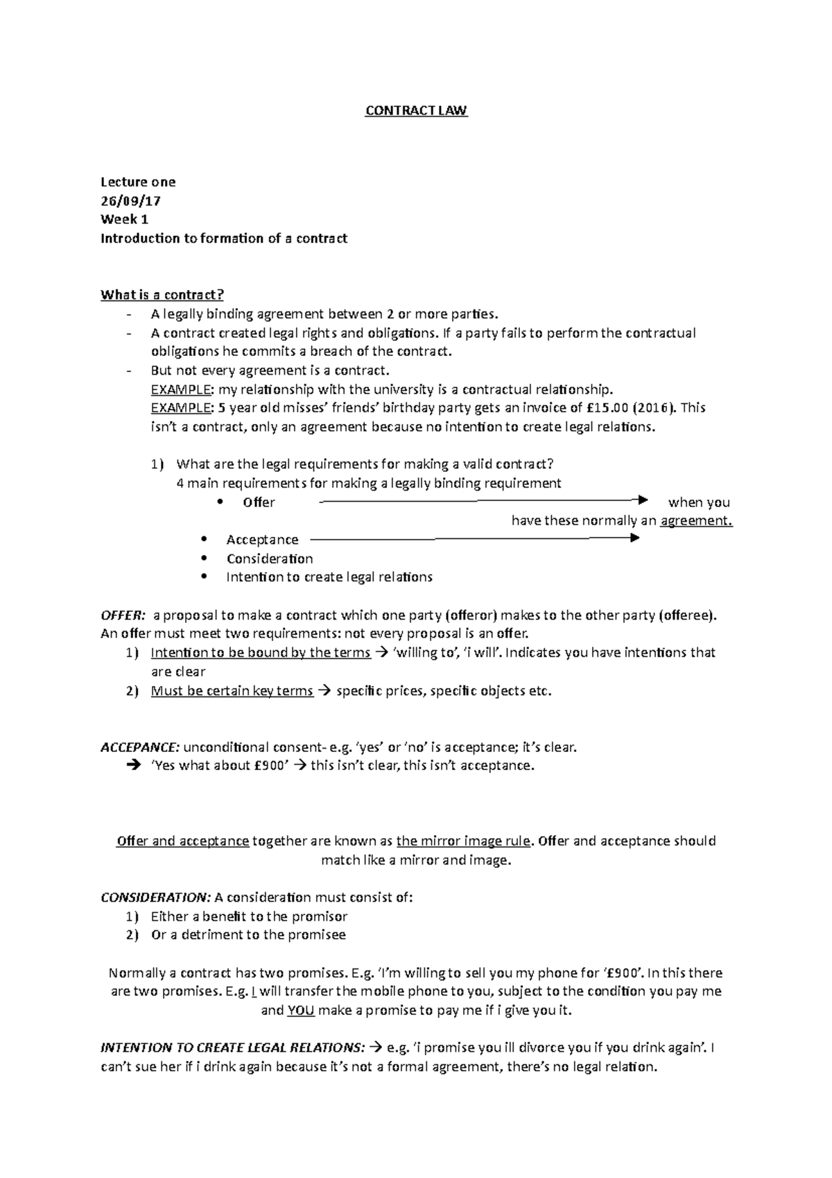 Contract LAW lecture 1 intro to formation of contract - CONTRACT LAW Lecture one 26/09/ Week 1 ...