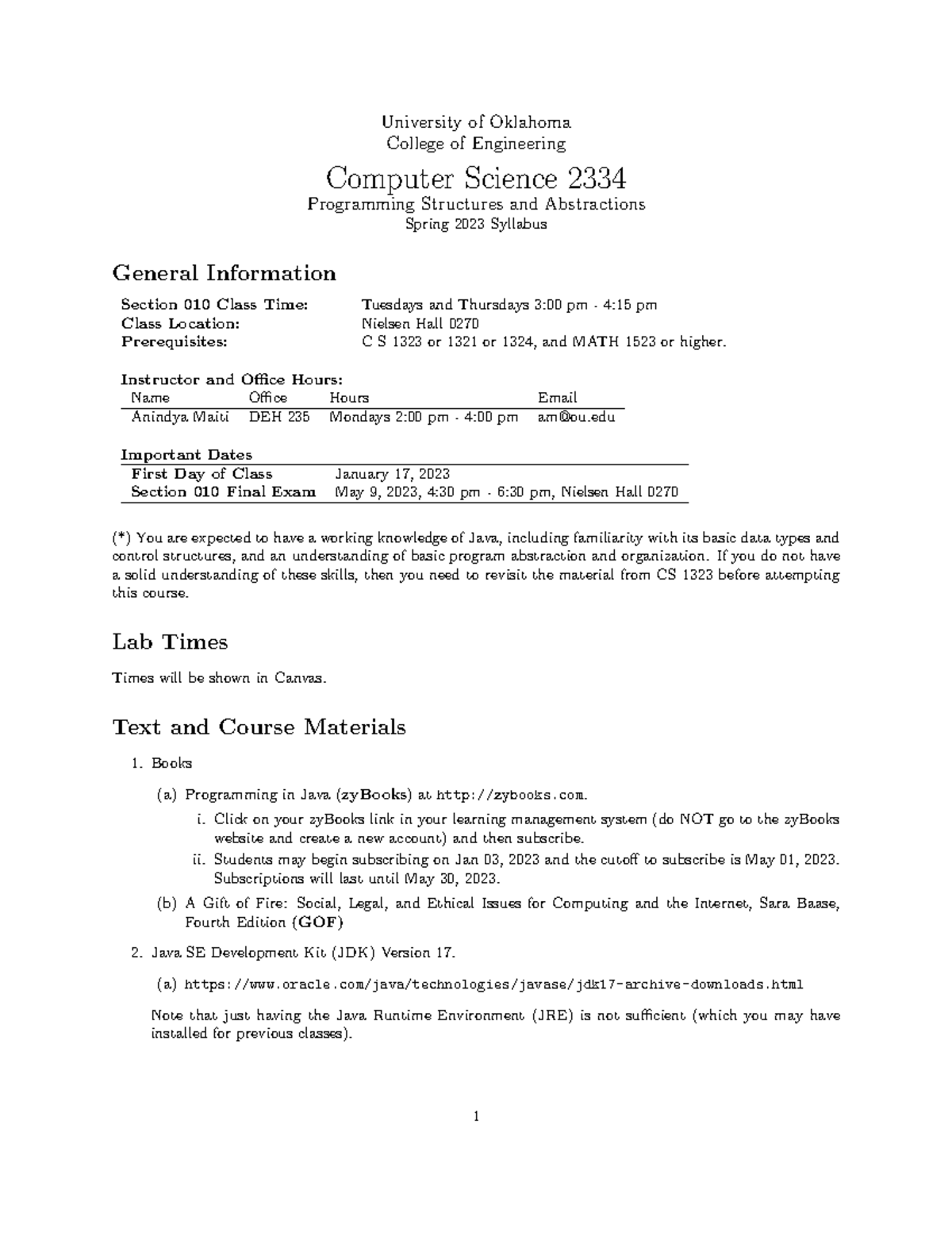 CS 2334 Syllabus Spr 23 Maiti - University of Oklahoma College of ...