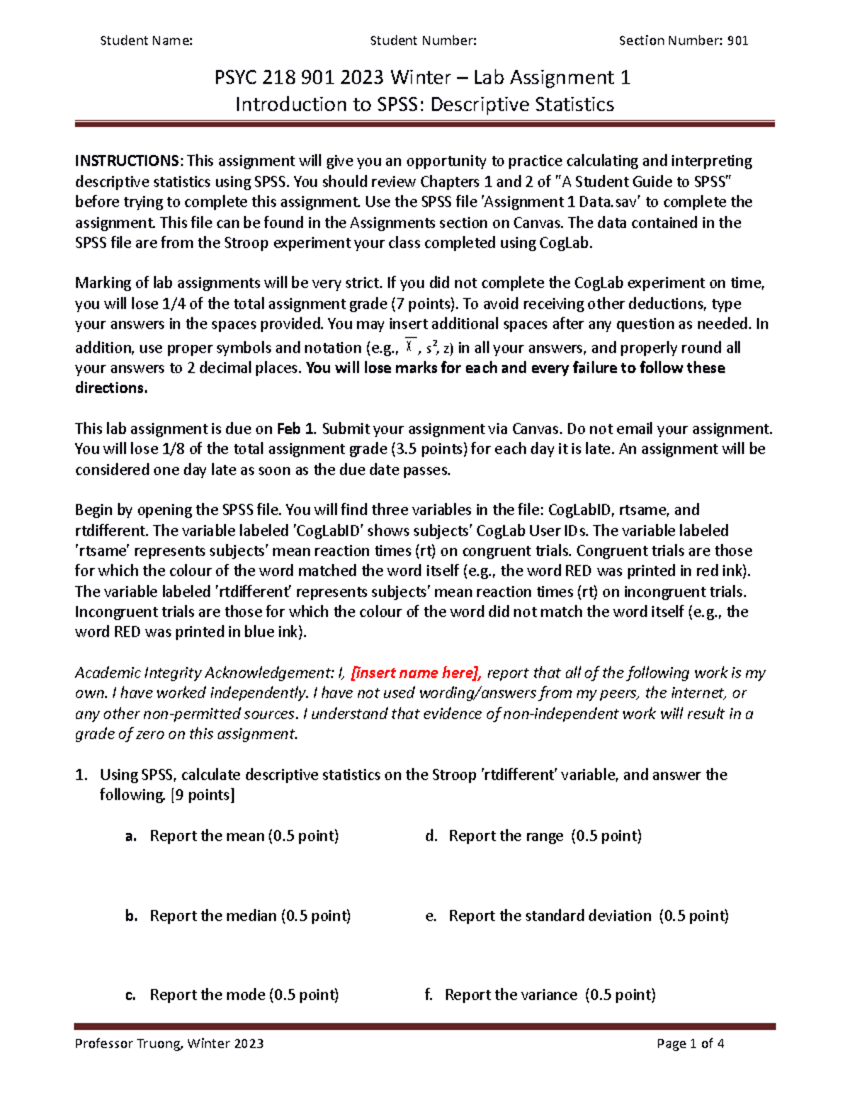 PSYC 218 901 - Assignment 1 - PSYC 218 901 2023 Winter – Lab Assignment 1 Introduction to SPSS ...