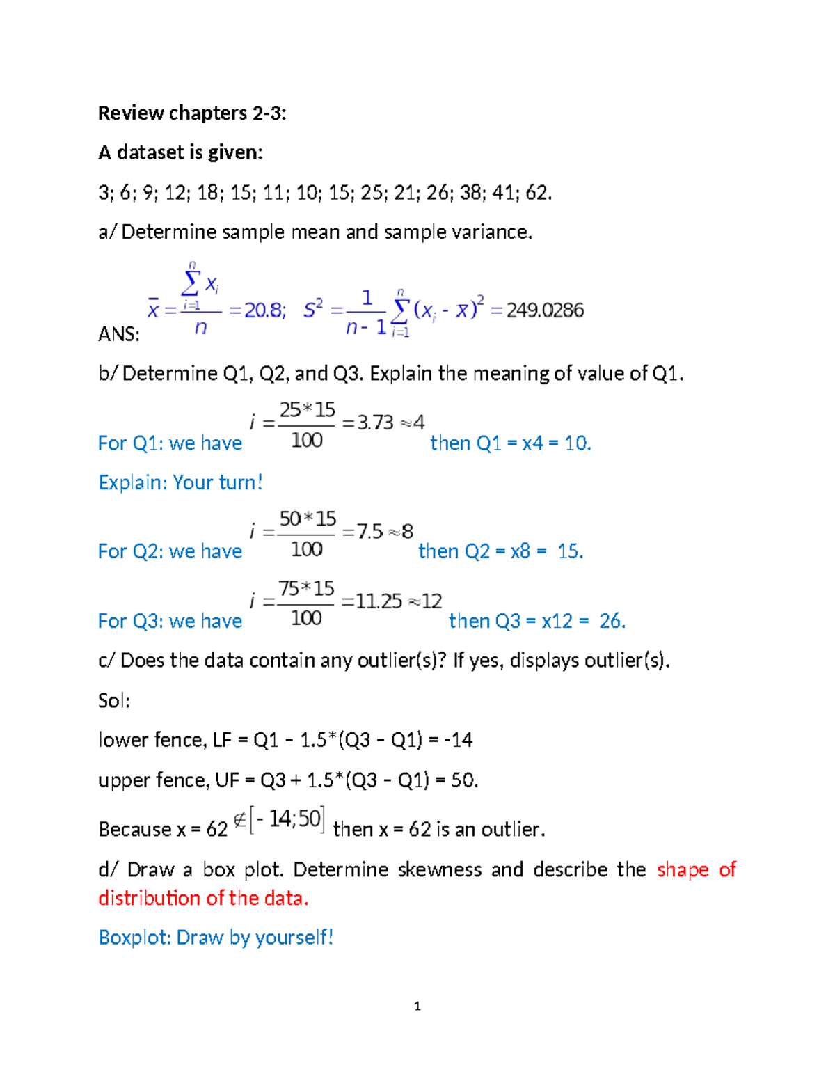 Review Midterm test Solution - Review chapters 2-3: A dataset is given ...