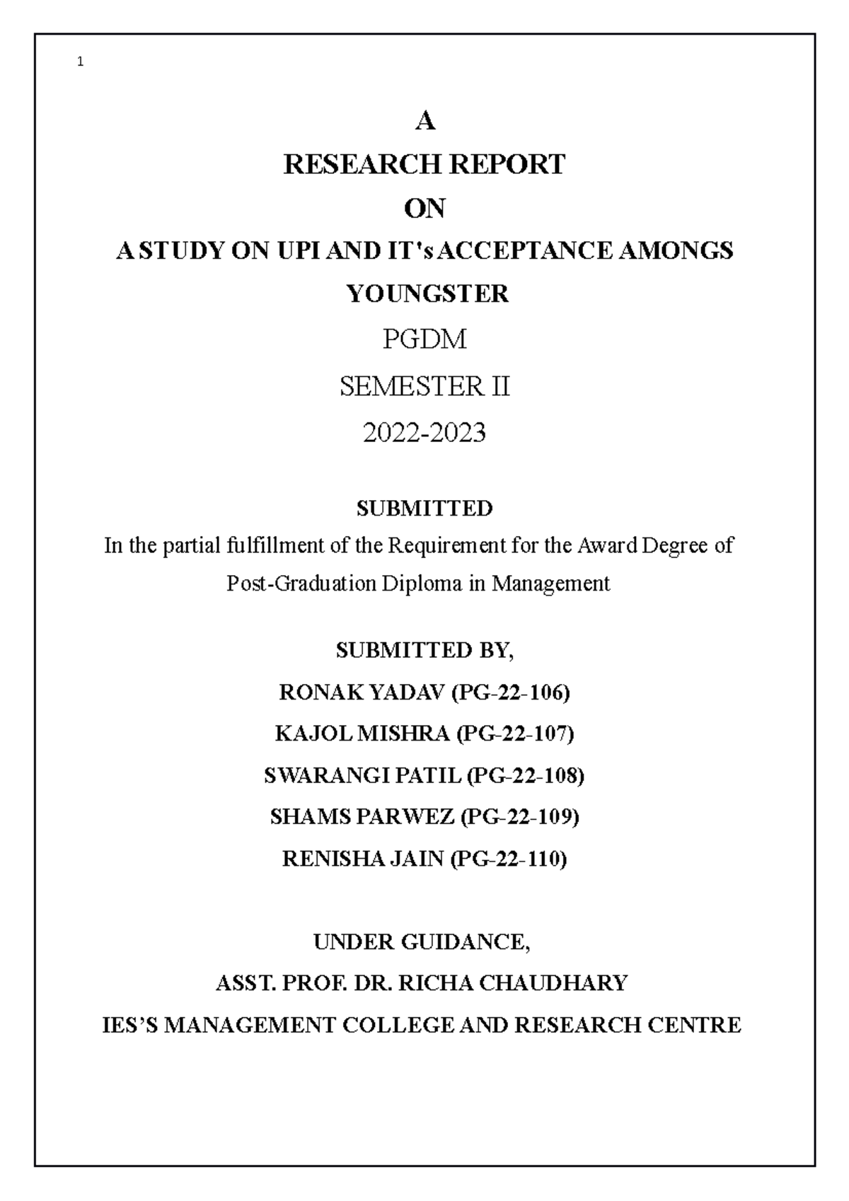 Group 13 upi apps and its acceptance - A RESEARCH REPORT ON A STUDY ON ...