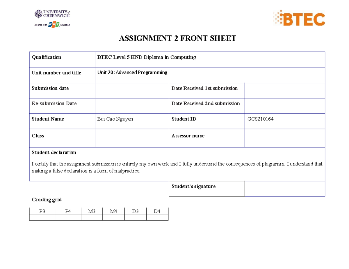 ASM2 greenwich 1651 - ASSIGNMENT 2 FRONT SHEET Qualification BTEC Level ...