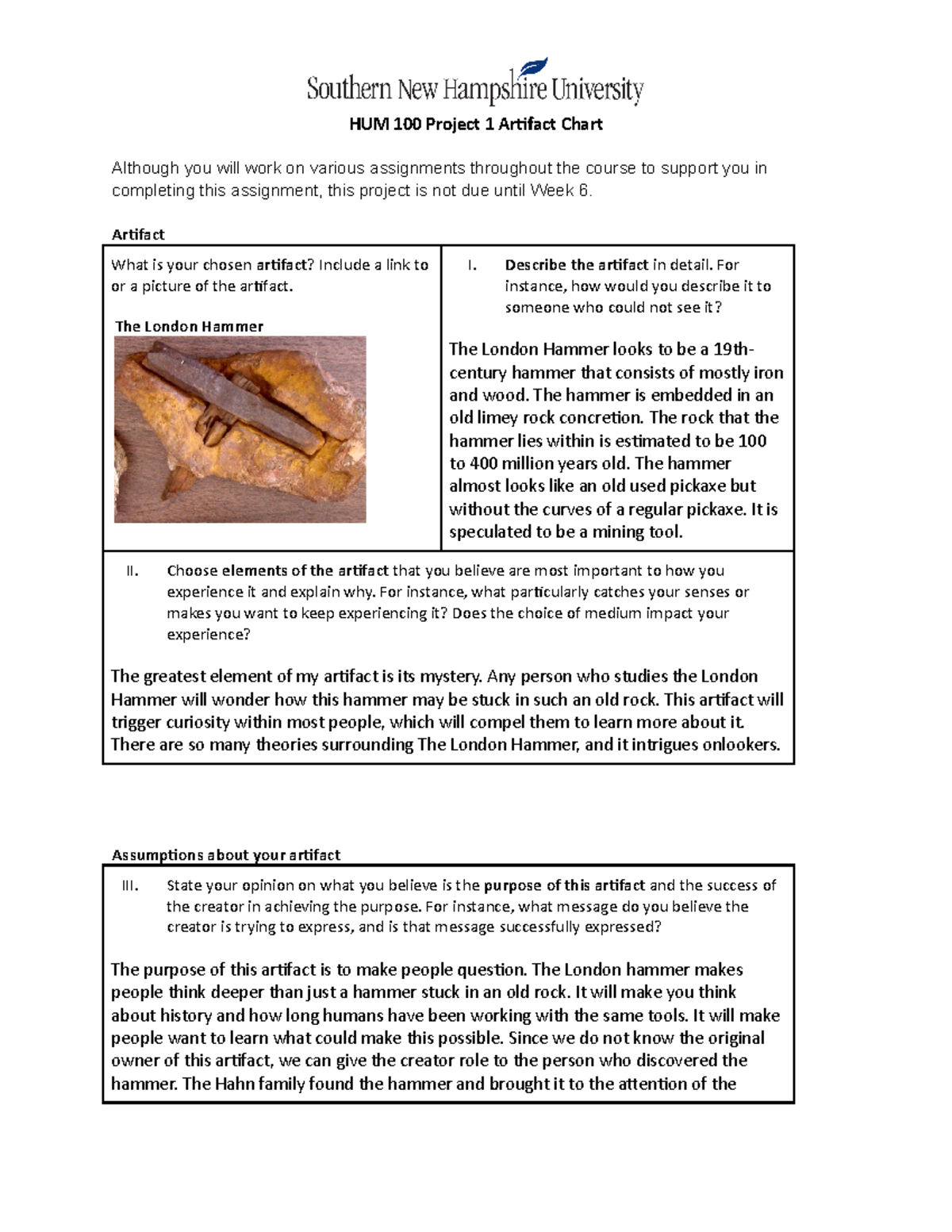 Module 6 Project 1 - Artifact Chart - HUM 100 Project 1 Artifact Chart ...