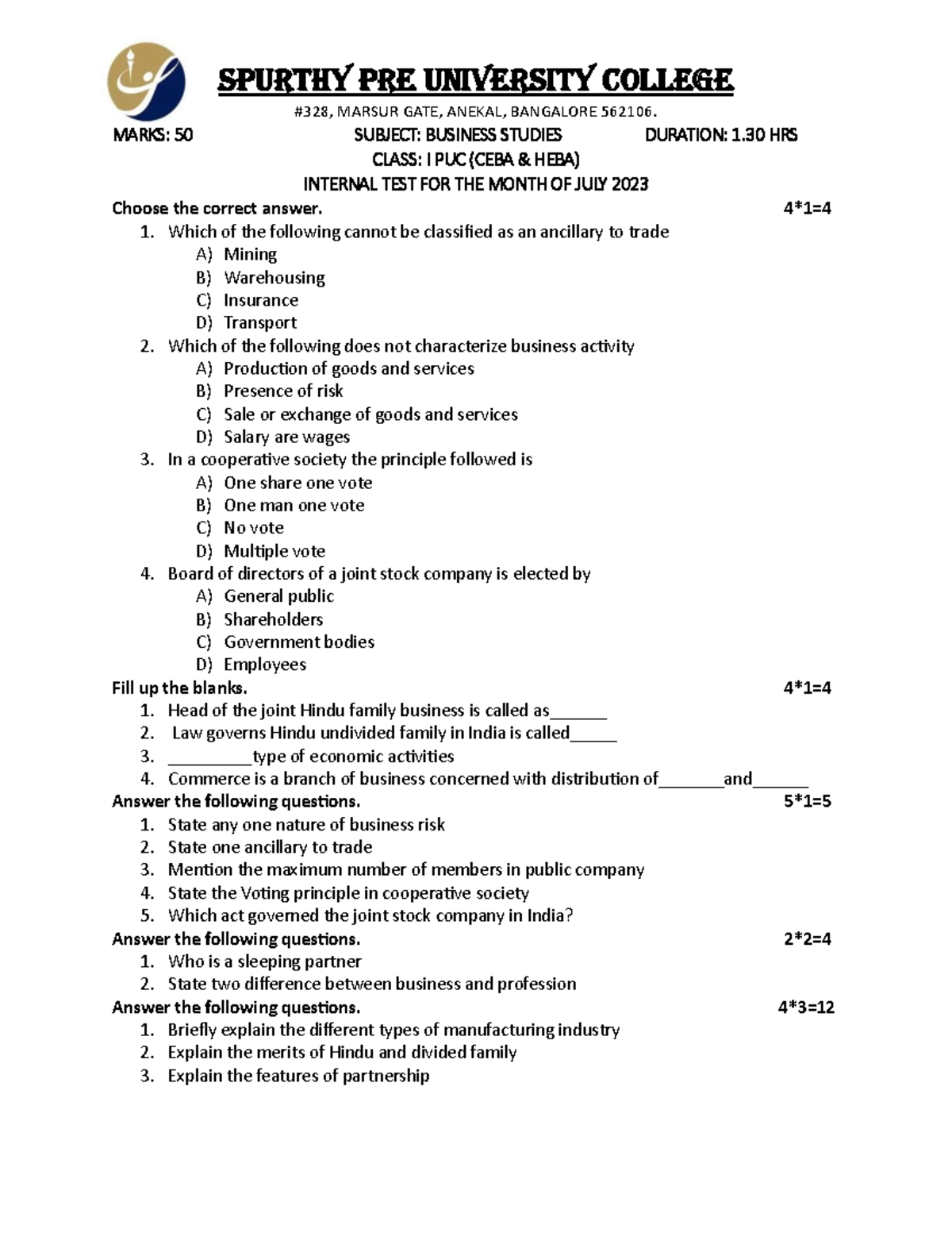 Business 1 - asfasf - SPURTHY PRE UNIVERSITY COLLEGE #328, MARSUR GATE ...
