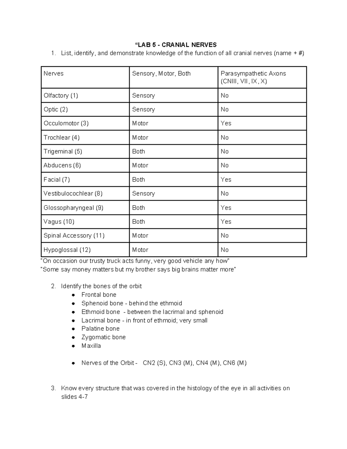 Lab 5 Cranial Nerves - “LAB 5 - CRANIAL NERVES List, identify, and ...