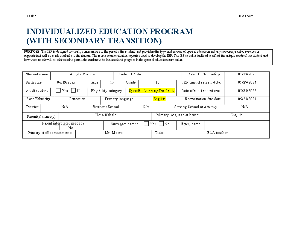 IEP Form - IEP form - INDIVIDUALIZED EDUCATION PROGRAM (WITH SECONDARY ...
