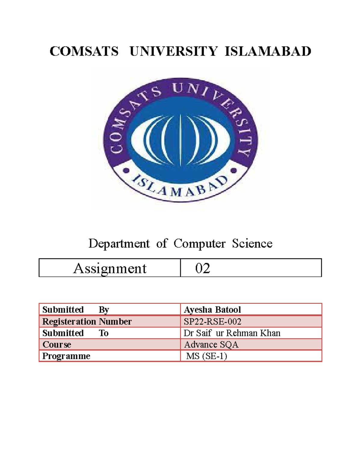Assignment 2 summary Final - COMSATS UNIVERSITY ISLAMABAD Department of Computer Science ...