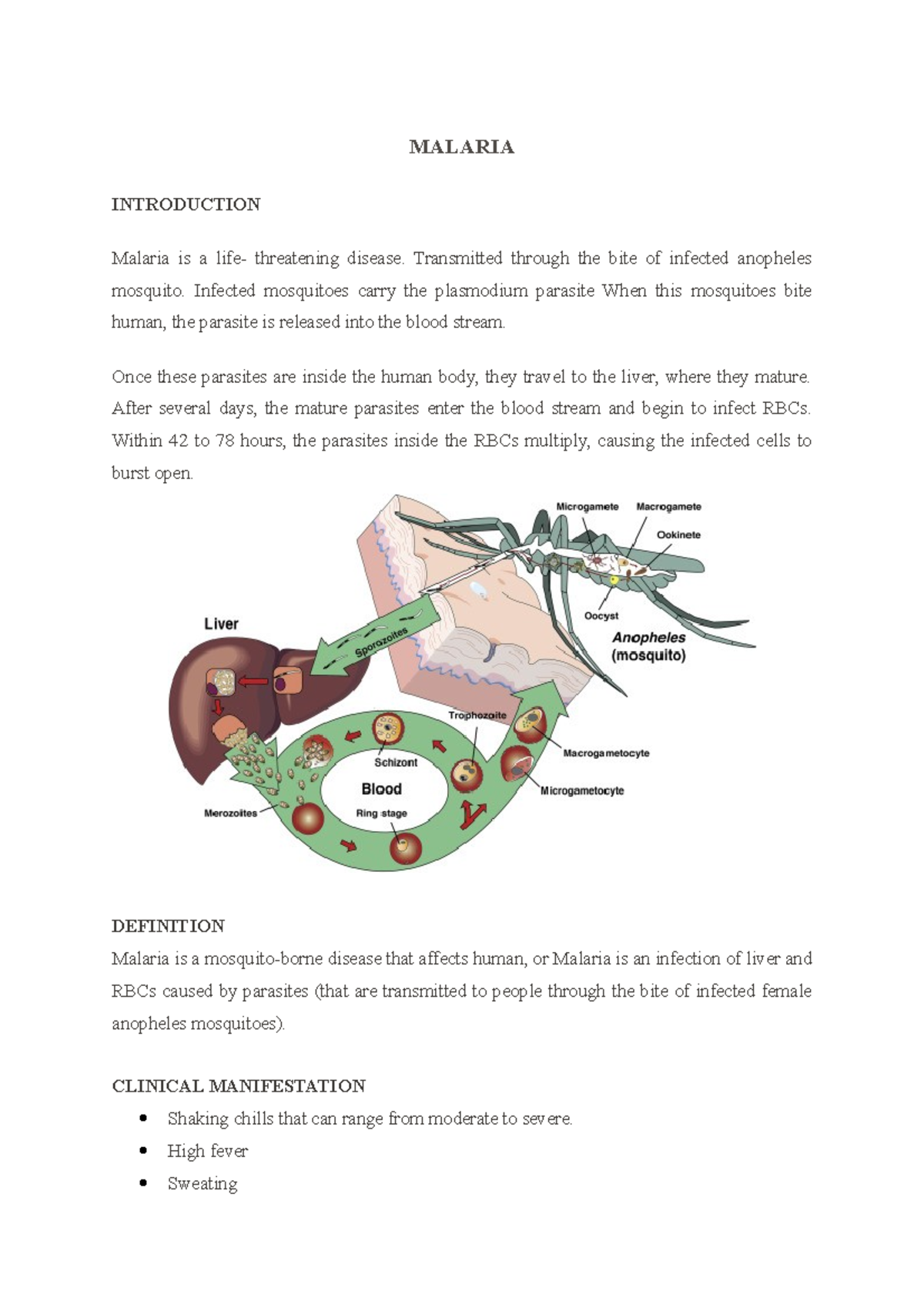 Malaria - JASMINE OUSEPH - MALARIA INTRODUCTION Malaria is a life ...